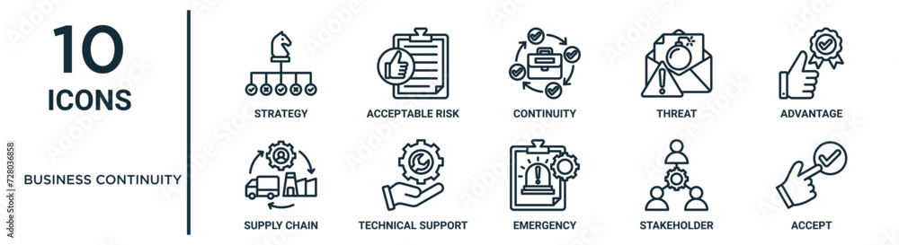 business continuity outline icon set such as thin line strategy ...