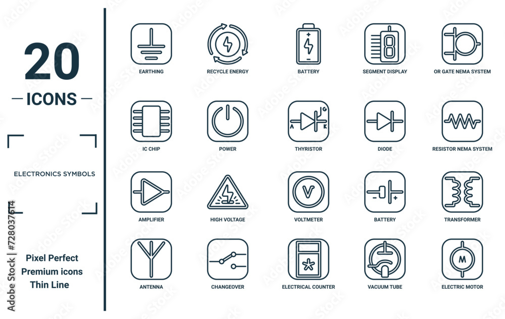 electronics symbols linear icon set. includes thin line earthing, ic ...