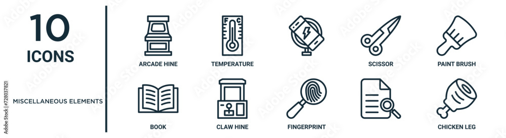 miscellaneous elements outline icon set such as thin line arcade hine, , paint brush, claw hine ...