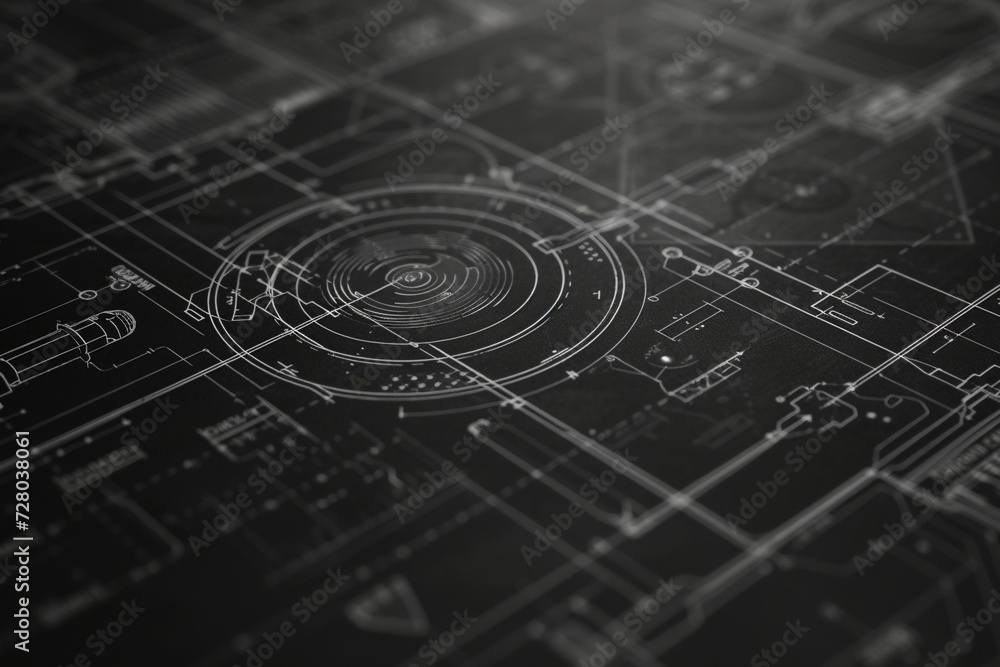 Sci-fi blueprint grid depicted in black and white, featuring a front ...
