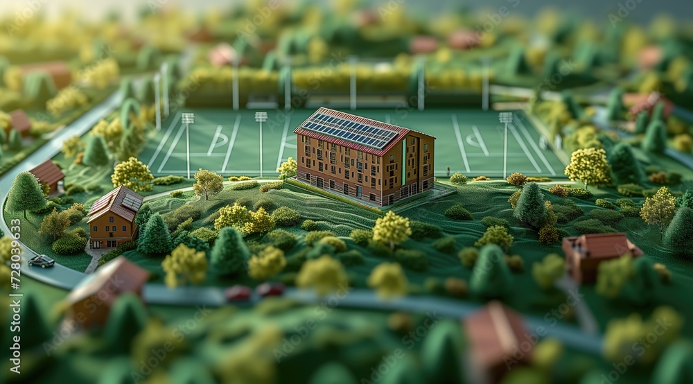 Eco-friendly 3D sports complex with green stadiums, solar-powered ...