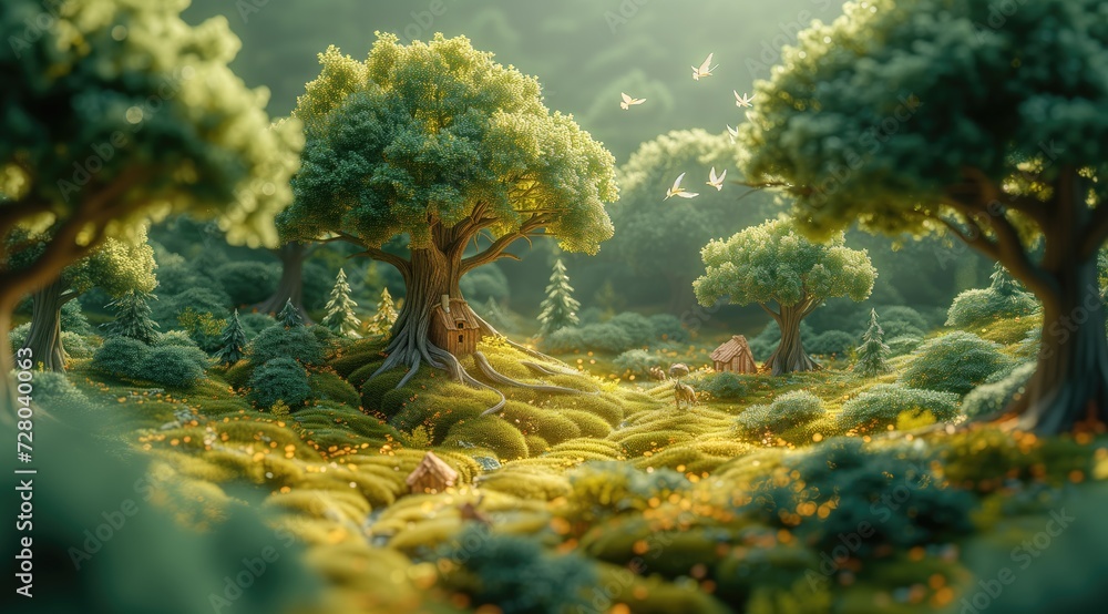 Enchanted 3D forest glade with towering trees, dappled sunlight ...