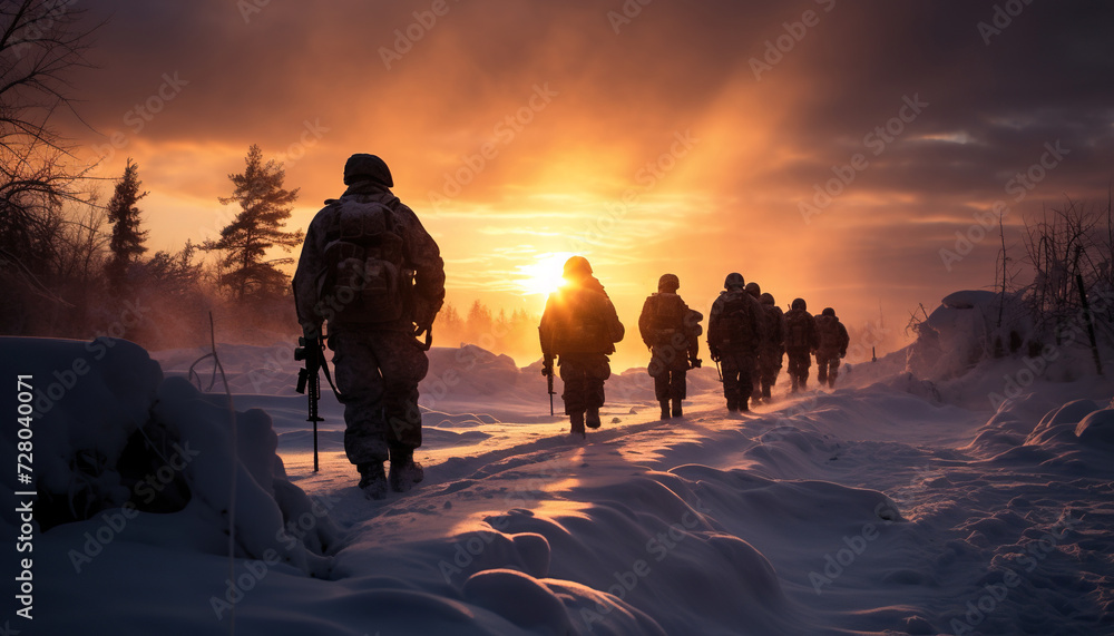 silhouette of military army platoon with weapon, infantry and commando ...