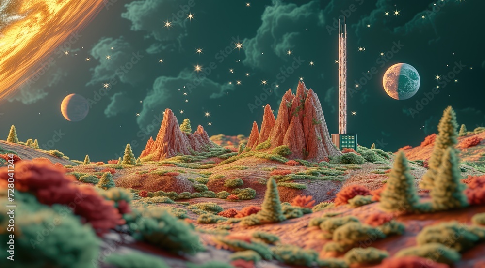 Extraterrestrial 3D planet with alien flora and fauna, bizarre rock ...