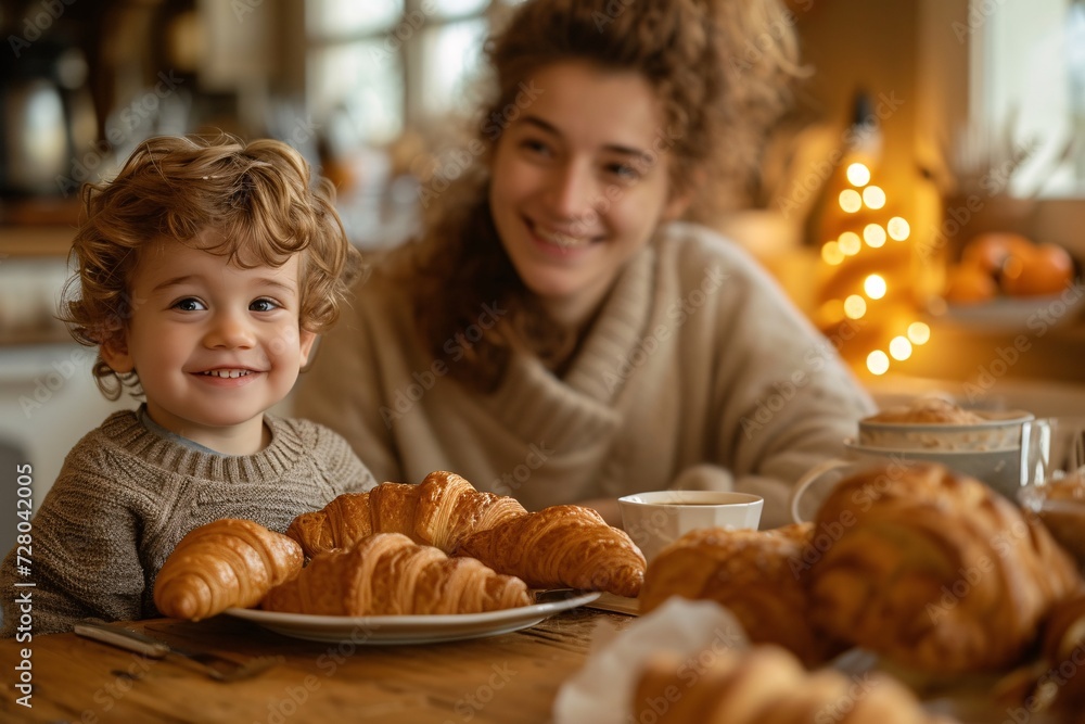 A young boy eagerly awaits his snack as a woman with a warm smile sits ...