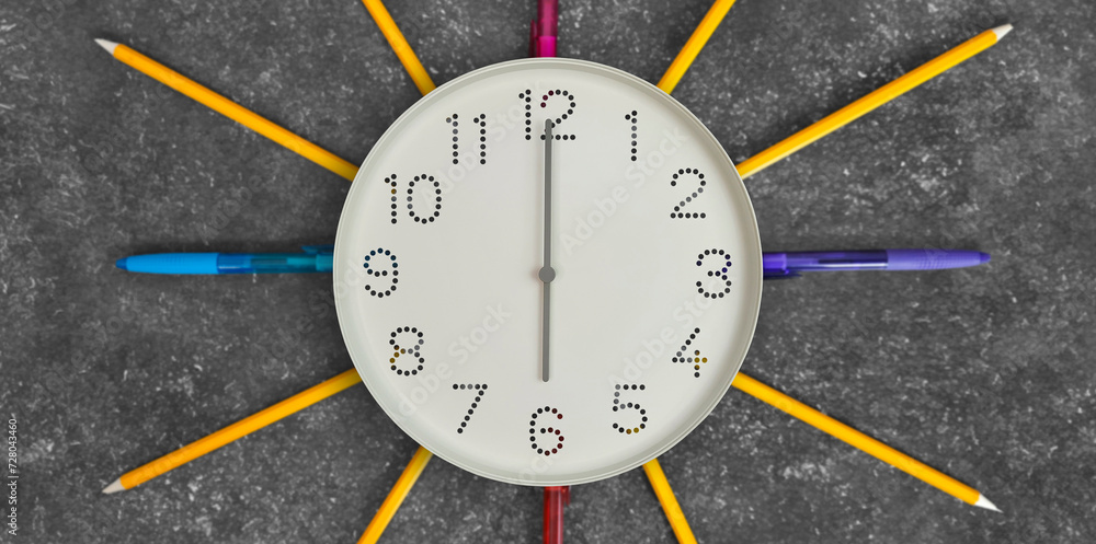 6 o'clock. Banner. Study or business time. Clock with white clock face ...