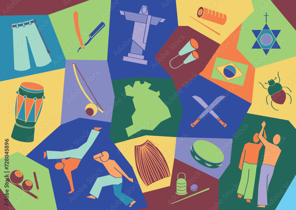 Capoeira culture symbols background. Capoeira instruments like ...