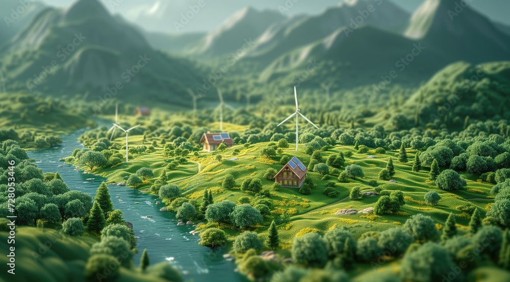 Tranquil 3D river valley with green energy infrastructure like ...