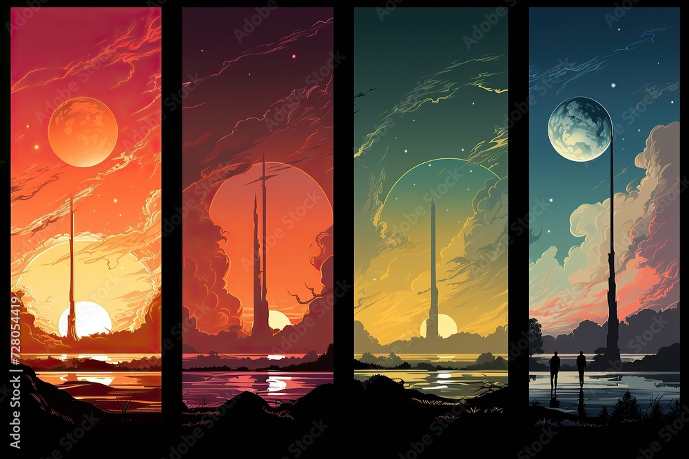 Four sequential panels showing the progression of a celestial event ...