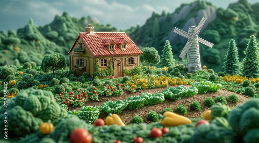 Vibrant 3D vegetable garden teeming with rows of leafy greens, crunchy ...