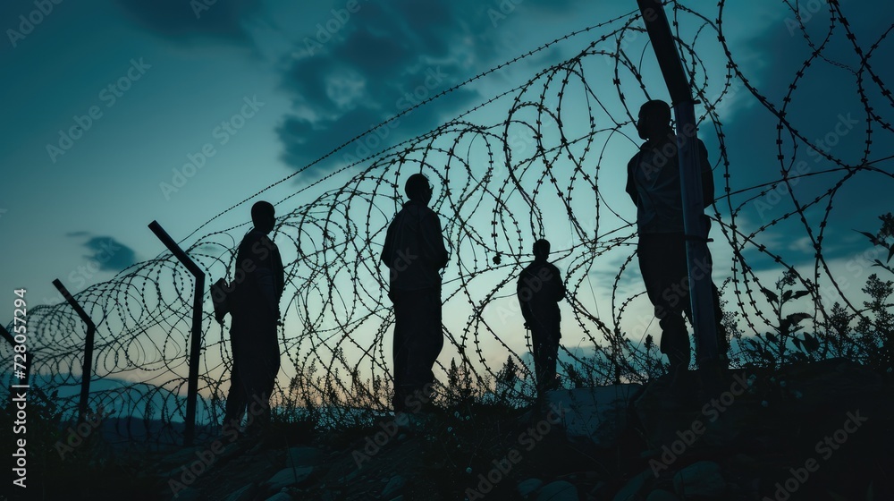 migrants' silhouettes behind barbed wire at a border crossing ...