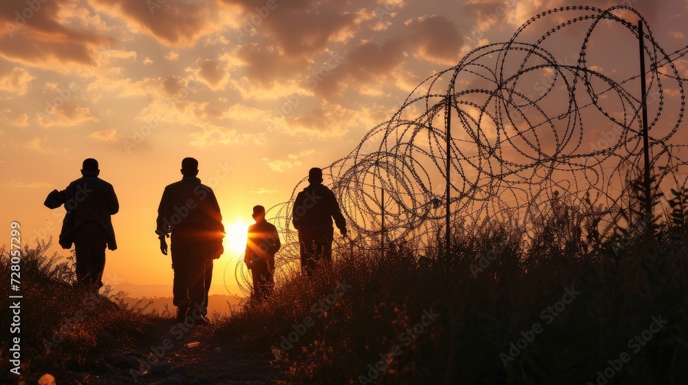 migrants' silhouettes behind barbed wire at a border crossing ...
