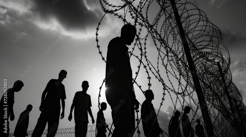 migrants' silhouettes behind barbed wire at a border crossing ...
