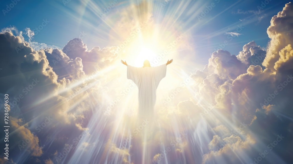 Jesus in robe stands with hands wide raised to heaven calling on people ...