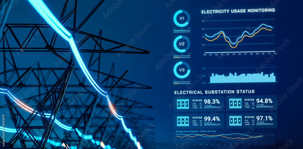 Electric transmission tower with glowing electricity flowing ...