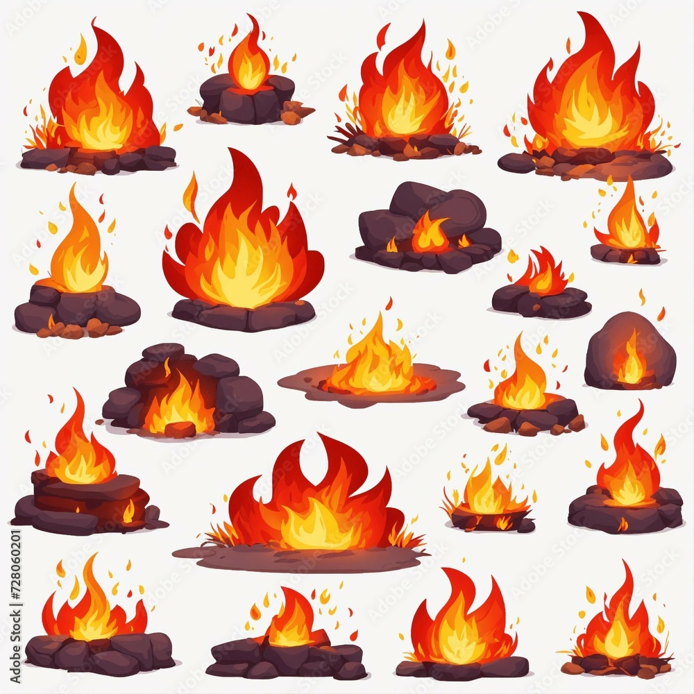 bonfire collection .2d game assets low poly style, vector illustration ...
