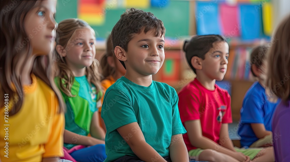 children, 7 years old, engaged in an English lesson, each wearing T ...