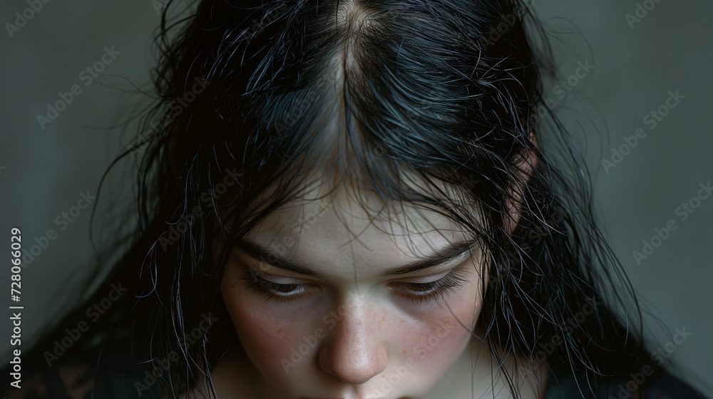 Woman with trichotillomania hair pulling disorder, top of head showing ...