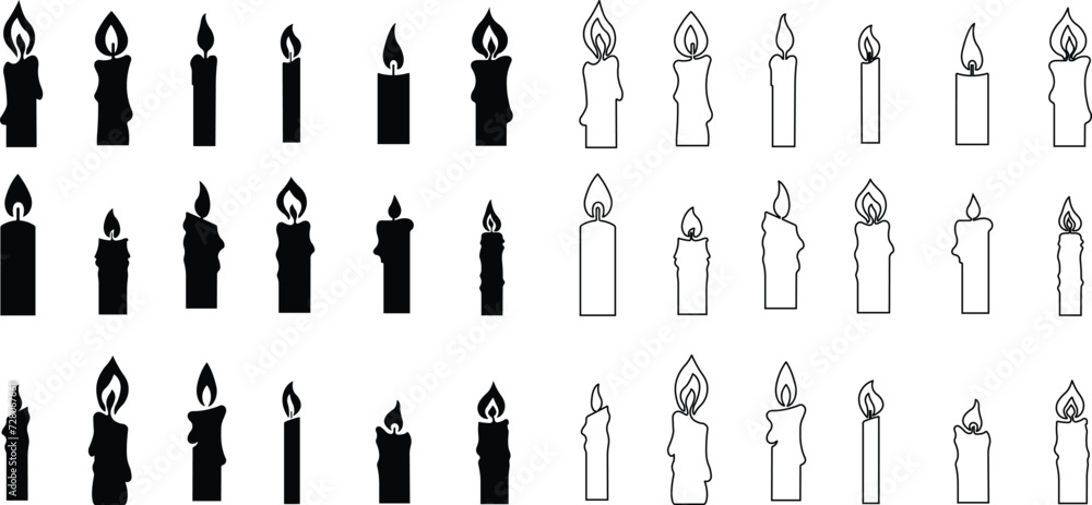 Candle icon in flat, line style set. isolated on transparent background ...