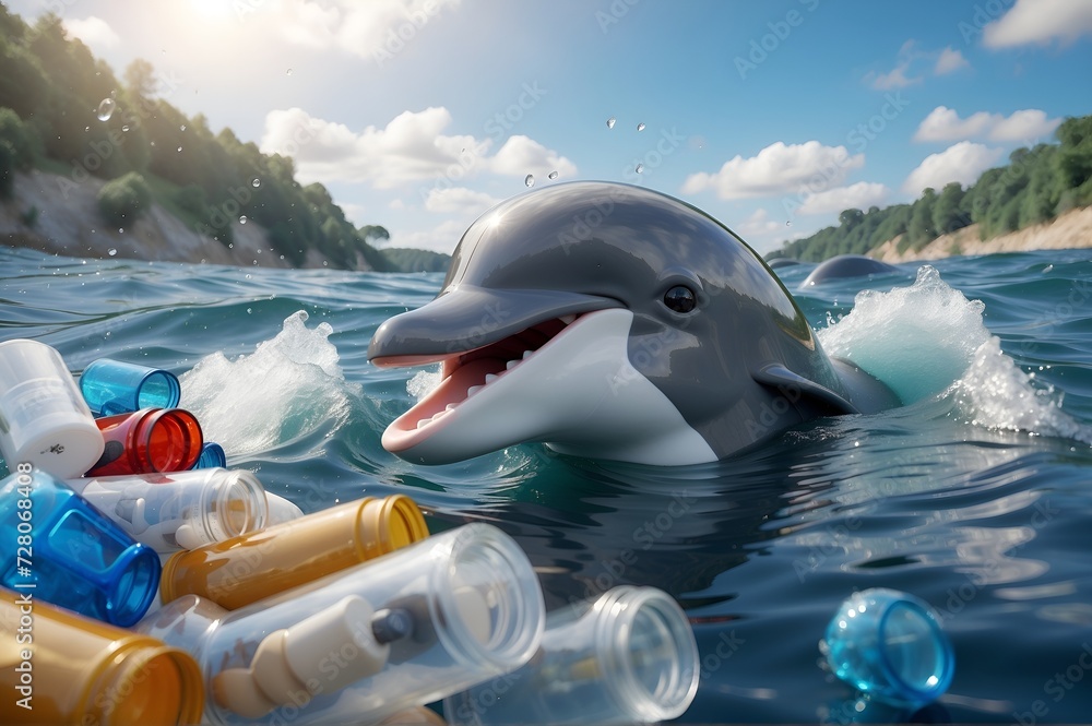 Ocean and sea pollution concept. Dolphin swims in plastic bags and ...