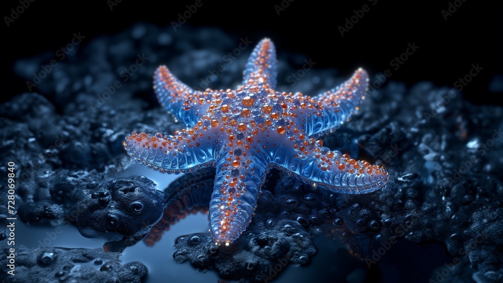 An underwater view of a starfish illuminated by a blue light, creating ...