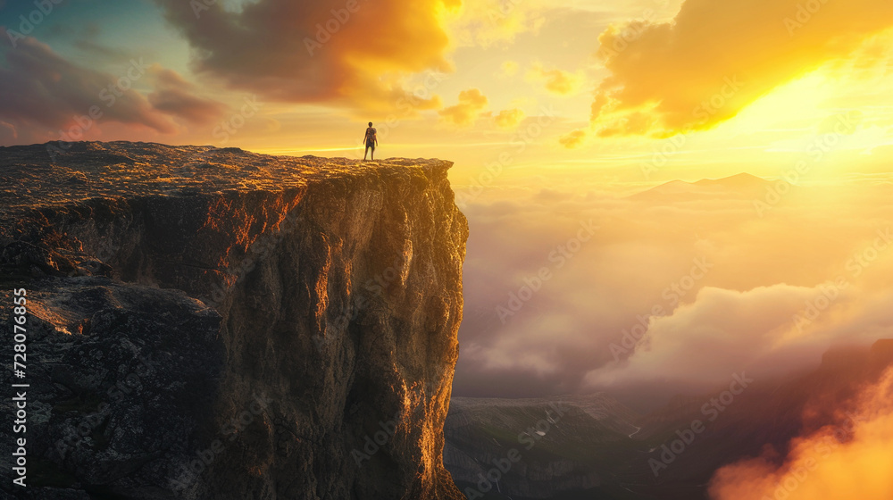 hiker at the edge of a cliff, gazing at a vast, unexplored landscape ...