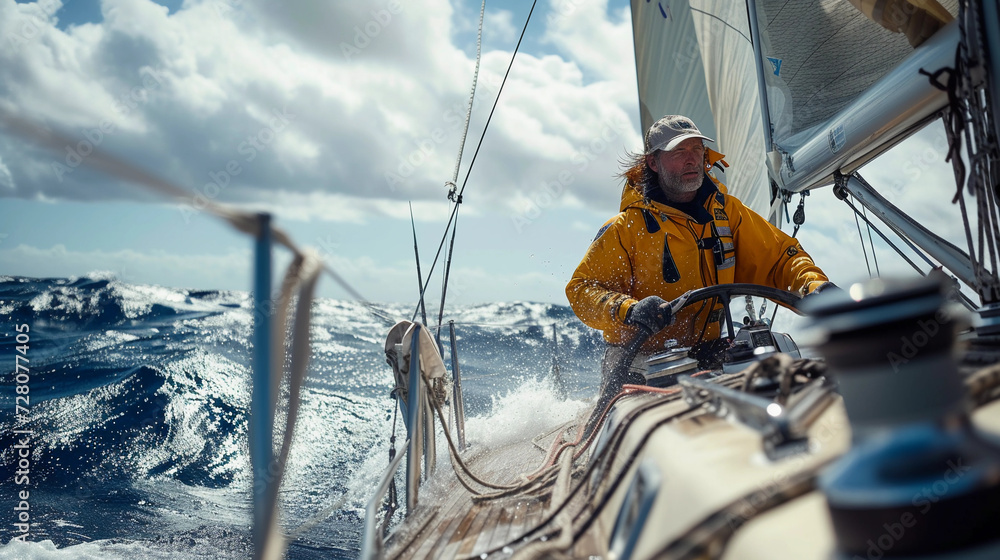 sailor navigating a yacht at sea, detailed rigging and sails, ocean ...