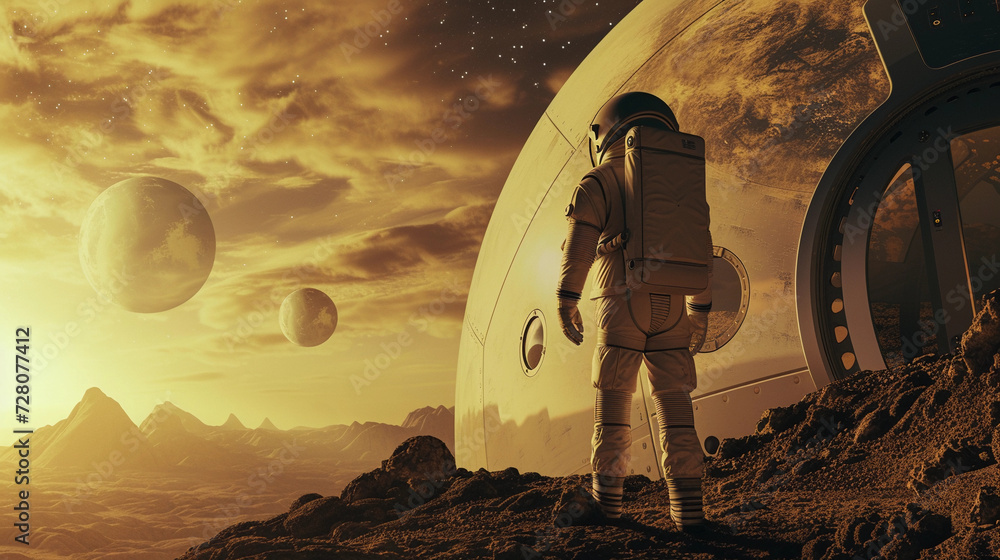 astronaut stepping out of a spacecraft onto a new, alien planet ...