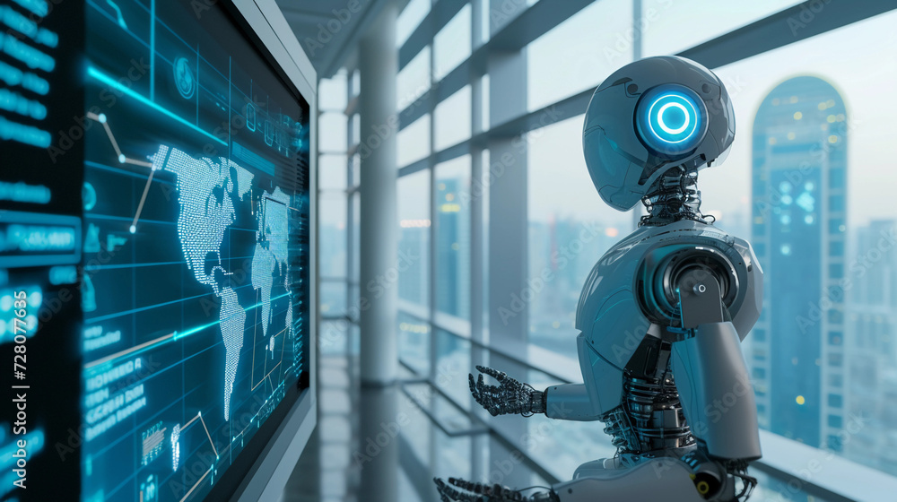 AI robot presenting a prediction analysis on a large interactive display, in a modern conference ...