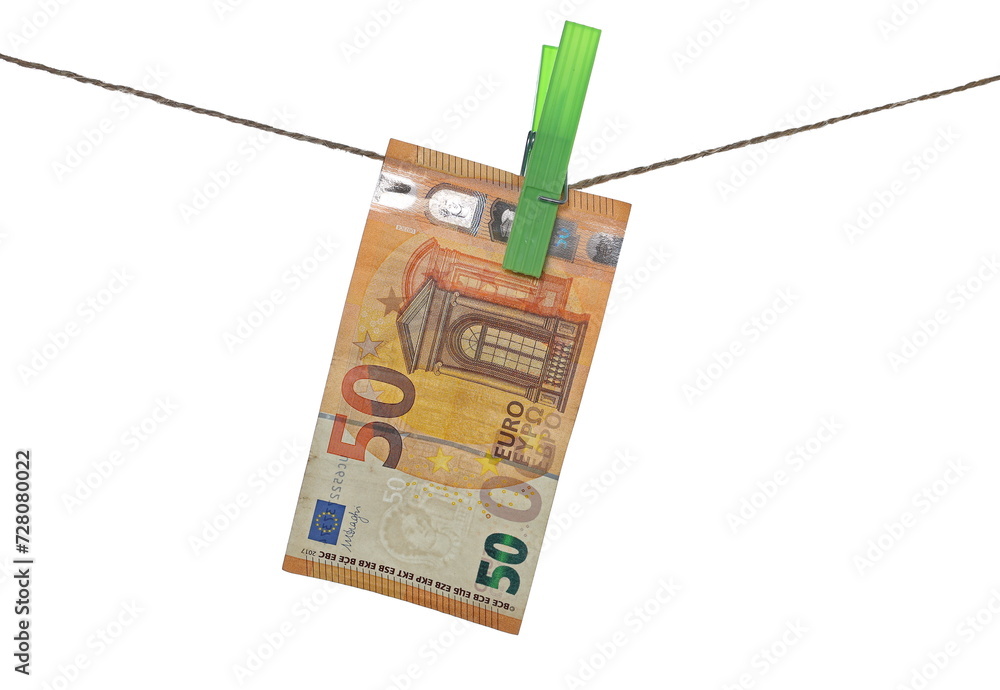 Fifty euro banknote is drying, banknote dry hanging on clothesline ...