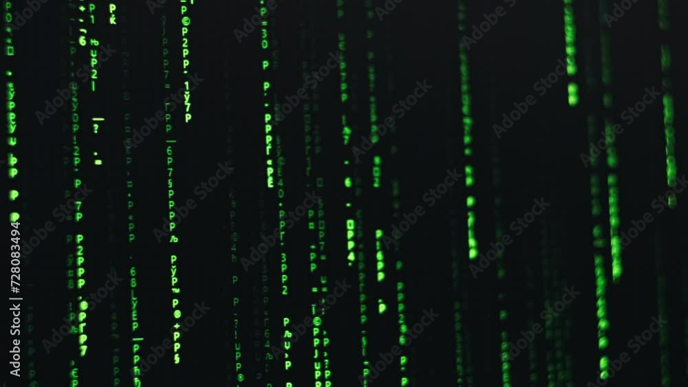Matrix code background, digital rain of green characters. Digital binary code processing on ...