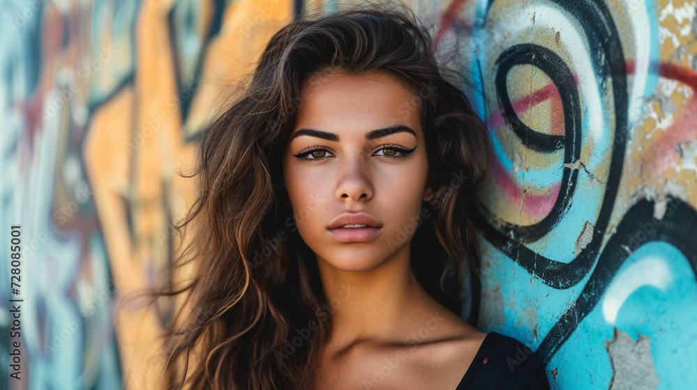 A bold feminist woman standing defiantly in front of a wall covered in ...