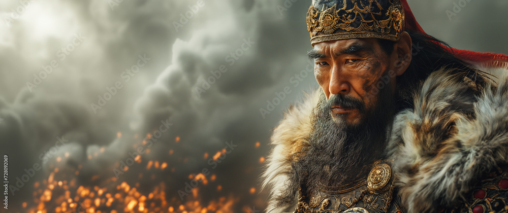 A serious look lies on the face of the Mongolian leader as he rides his ...