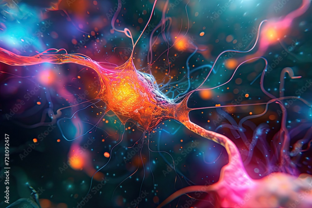 A vibrant and colorful illustration of neurotransmitters firing in the ...