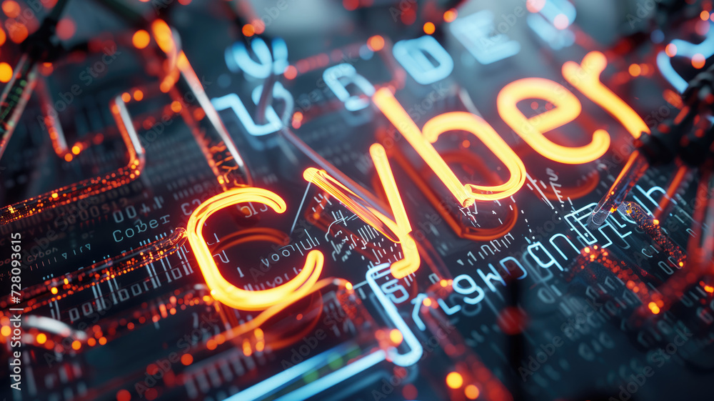 Cyber title text word made from burning electronic components, printed ...