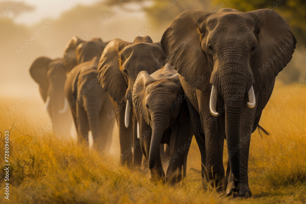 Mighty elephant family on the move, a majestic and awe-inspiring scene ...