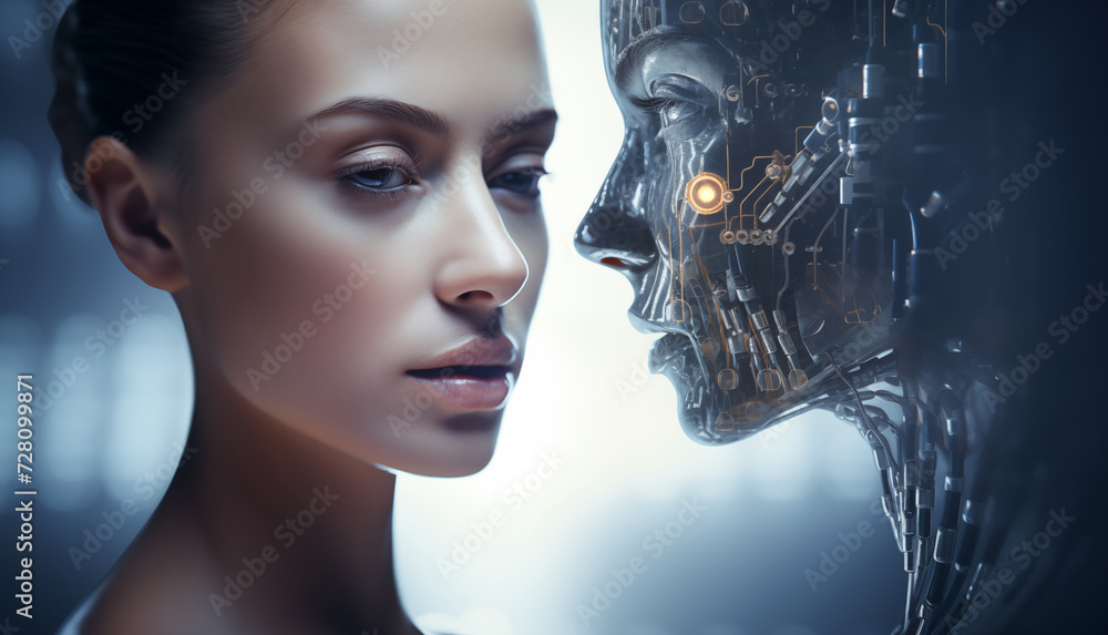 Cybergirl robotic humanoid female and beautiful woman sensitive moment side portraits view ...