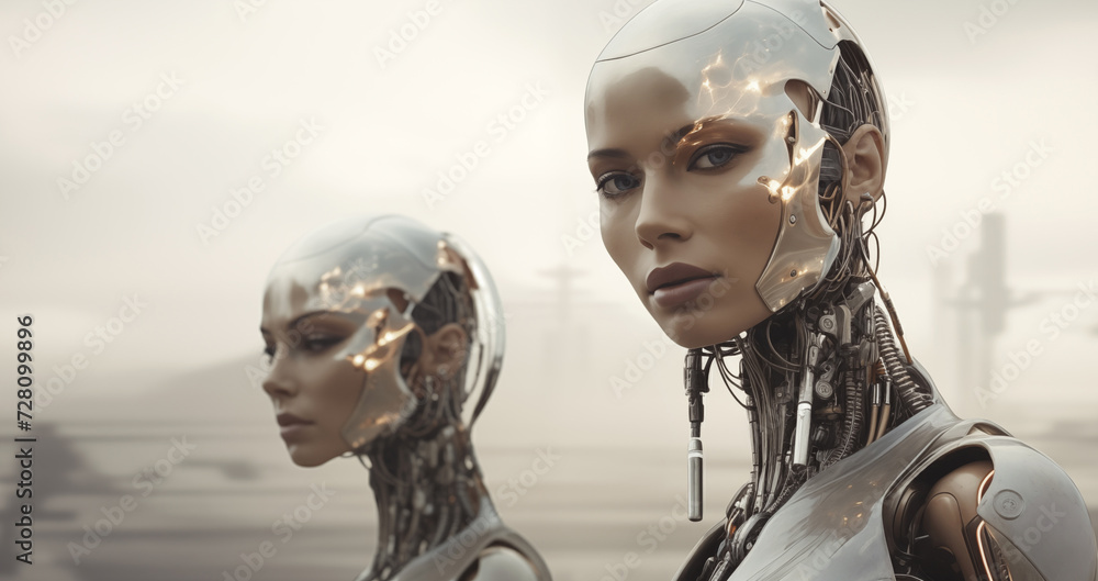 Two cybergirl Humanoid robots portraits with many wires interlaced ...