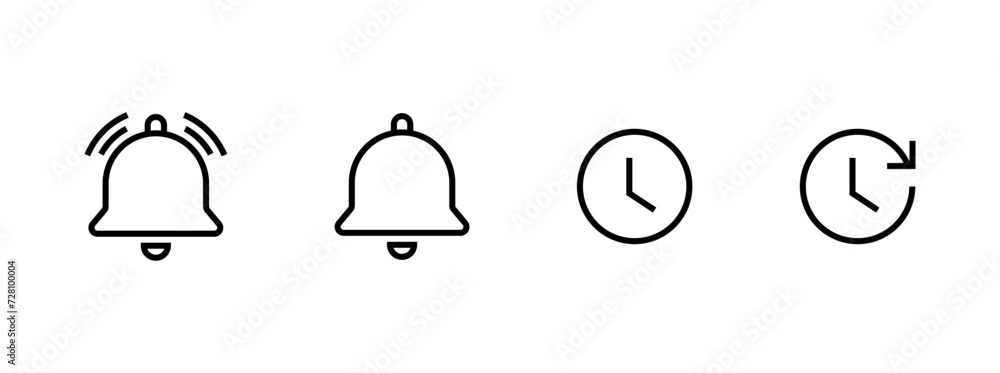 Notification bell icon set. Time and clock icons set in flat style ...