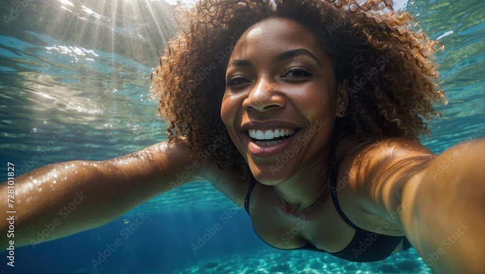 Underwater Selfie Of A Happy Black Woman Swimming With Sun Rays