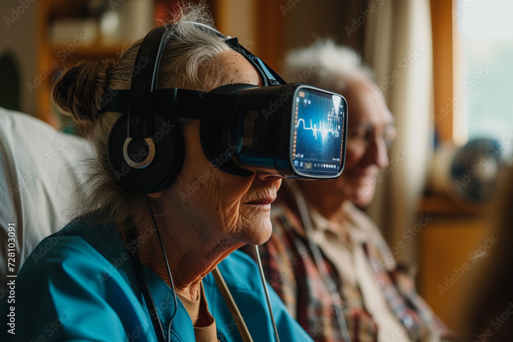 Gamification in healthcare showing older female patient laying in a ...