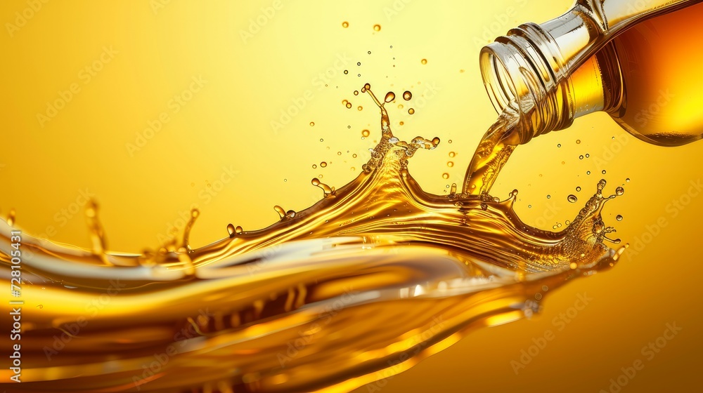 Motor oil bottle with splash and drops, car engine synthetic or mineral ...
