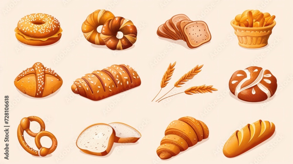 Set vector bread icons. Rye, whole grain and wheat bread, pretzel, muffin, pita , ciabatta ...