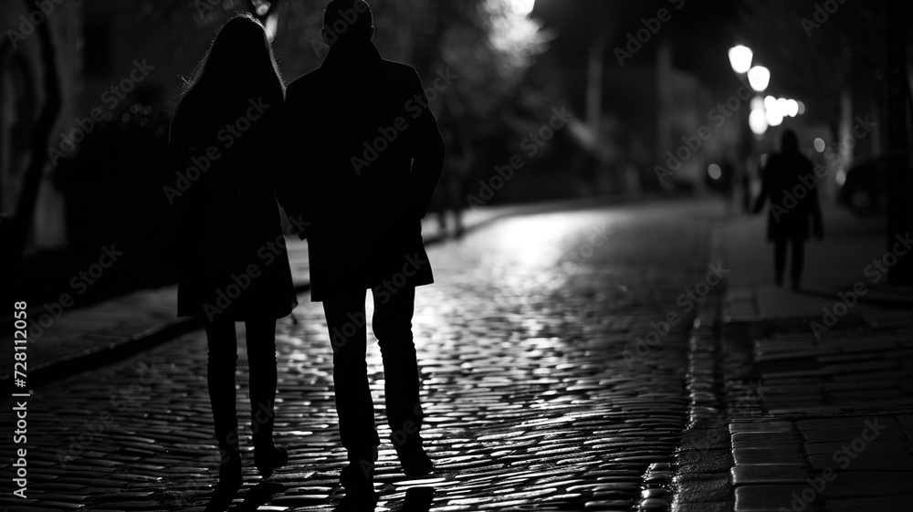 Man following woman in dark street, night, stalking, crime, mugger ...