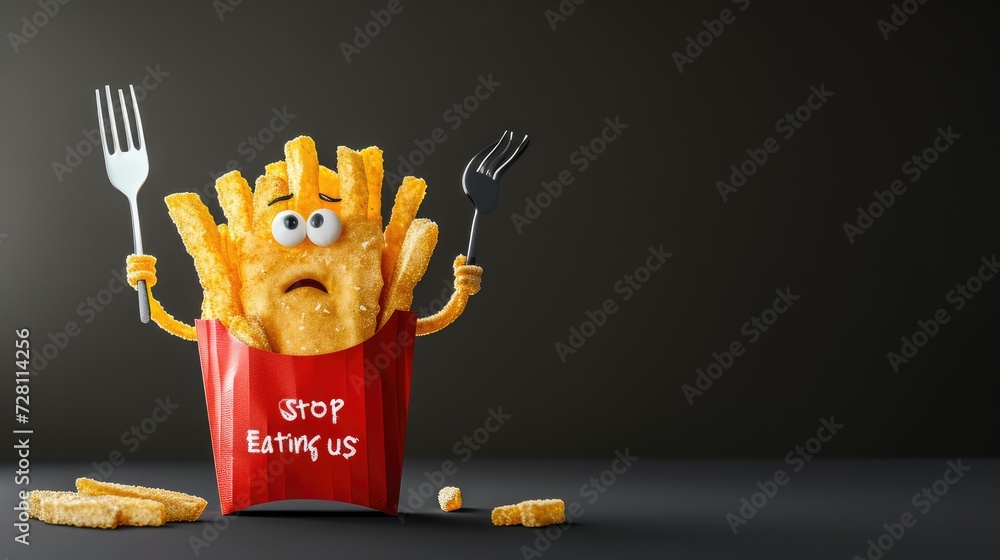 Whimsical plea: cartoon characters, fast food holding a sign 'Stop ...