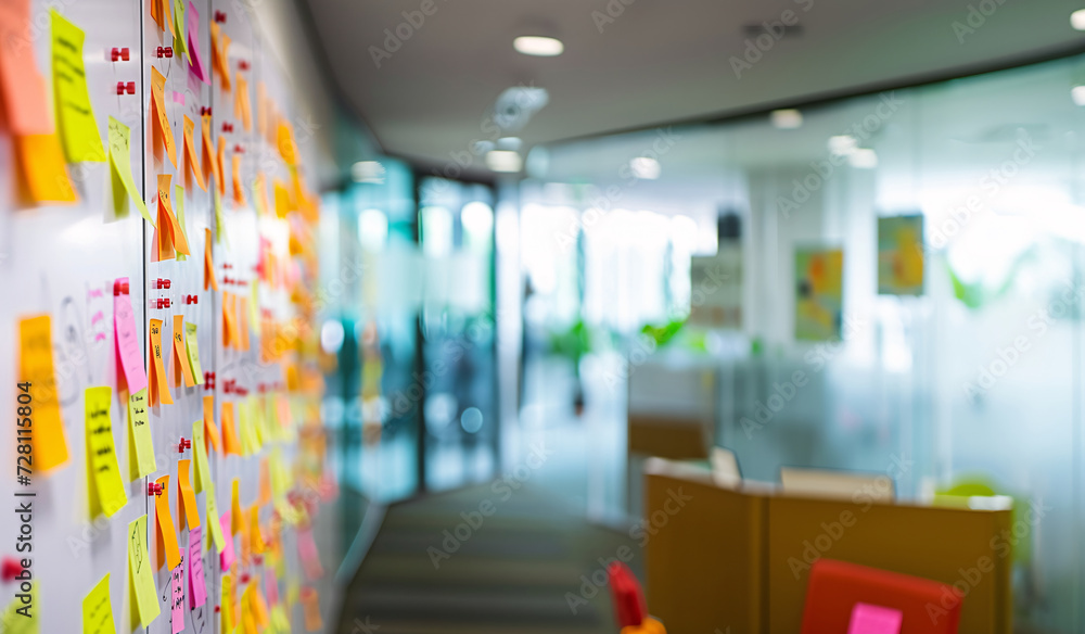 colorful sticky note on brainstorming board at modern office. Stock ...