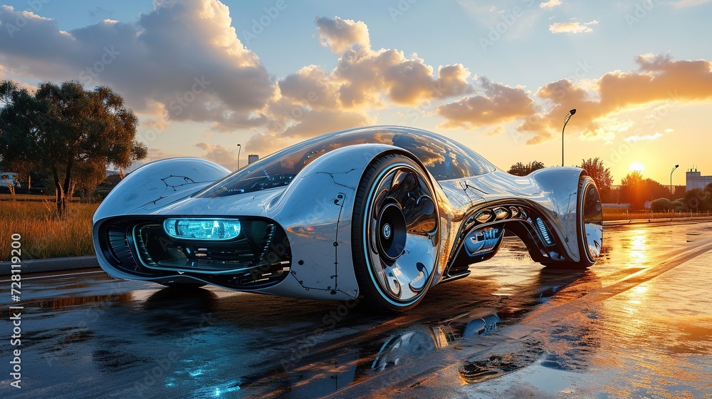 Craft an image of a self-driving supercar navigating a futuristic ...