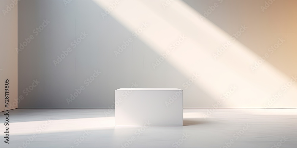 Minimal display with white cube, window light, and podium pedestal ...