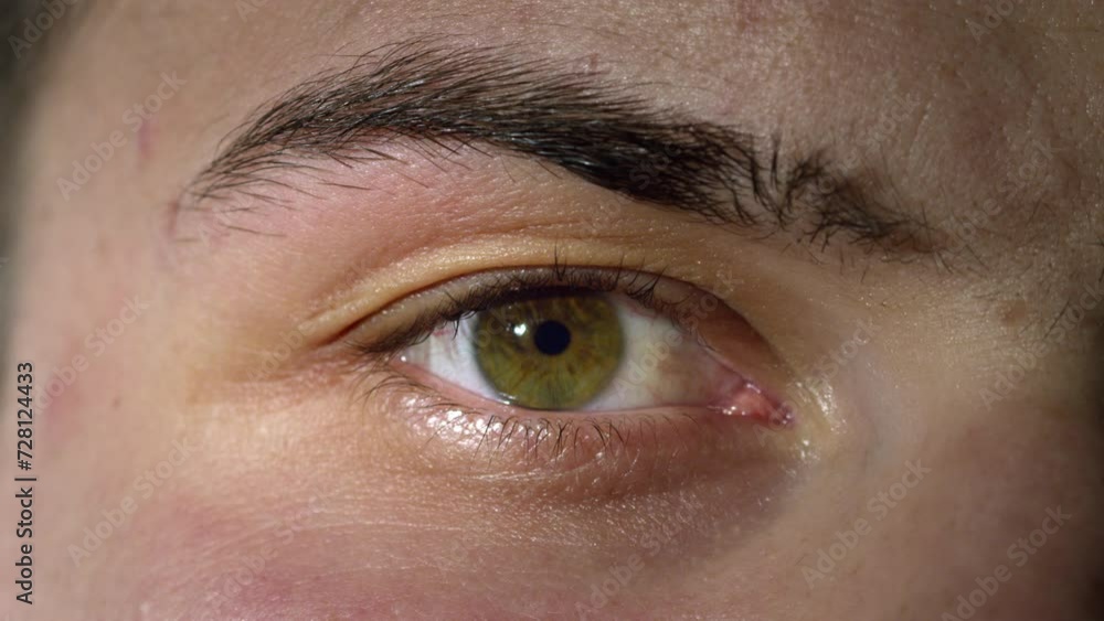 Human eye movement, opening and blinking of a male eye with brown iris ...