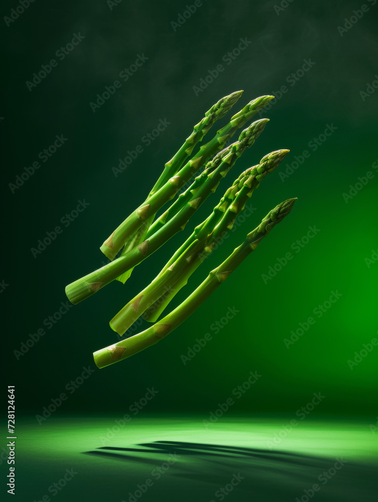 Asparagus floating in mid-air against a vertical deep green gradient ...
